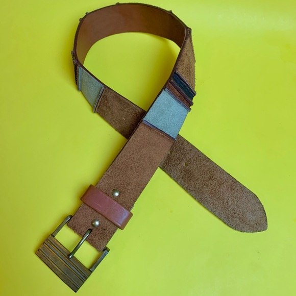 Vintage | Accessories | Vintage 7s Patchwork Suede Belt Brass Buckle ...